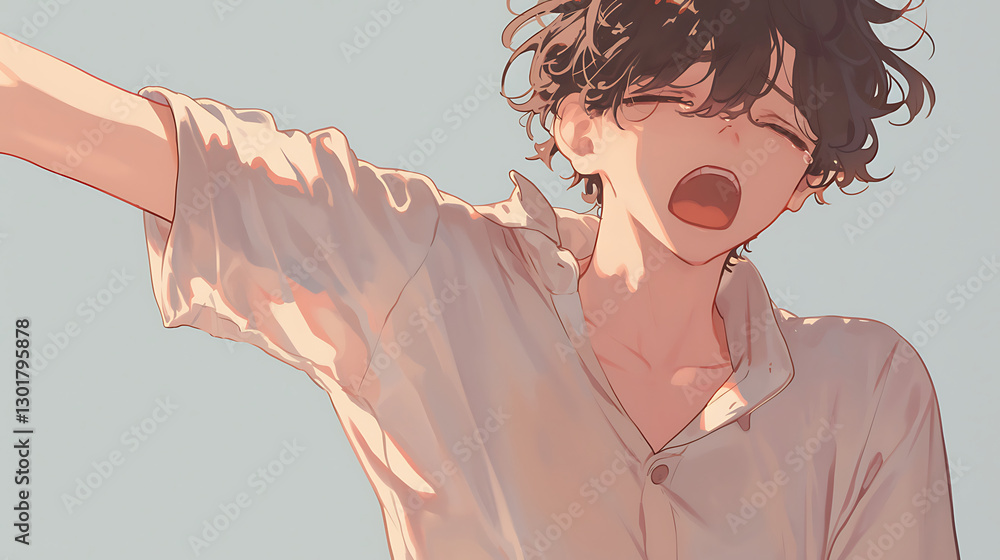 Anime Boy Yawning Portrait in White Shirt and Soft Light Aesthetic with ...