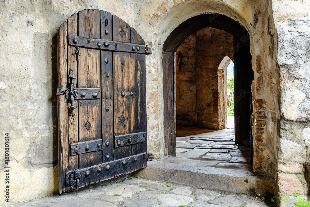 castle door open: Large wooden door open in rock castle wall and ...