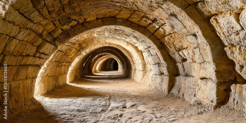 Medieval castle dungeon underground stone tunnel. Ancient corridor. Underground catacombs of a ...