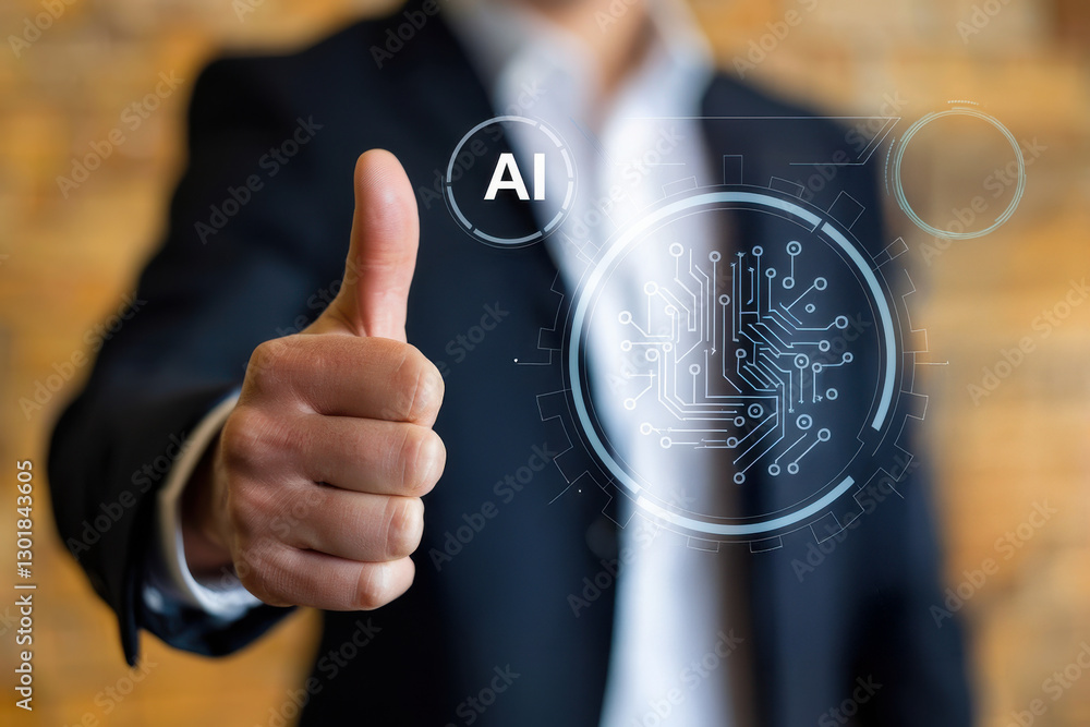 Businessman showing thumbs up with futuristic ai powered digital ...