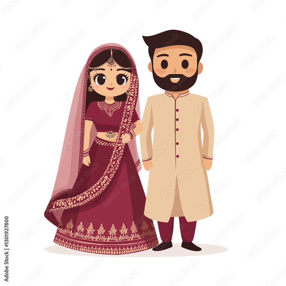 Cute cartoon vector-style drawing of an Indian bride and groom in ...