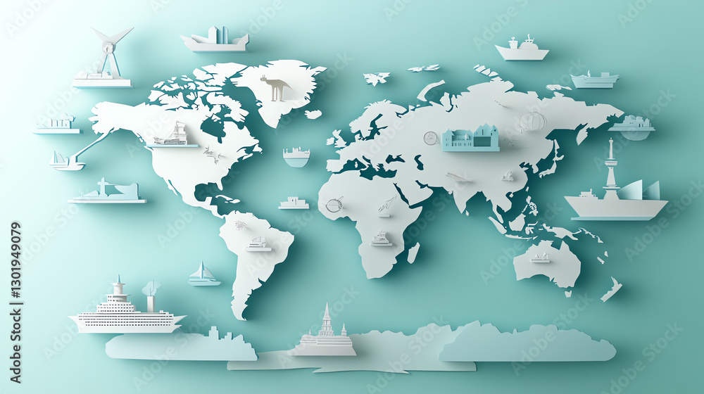 Stylized world map with landmarks and ships on a vibrant background ...