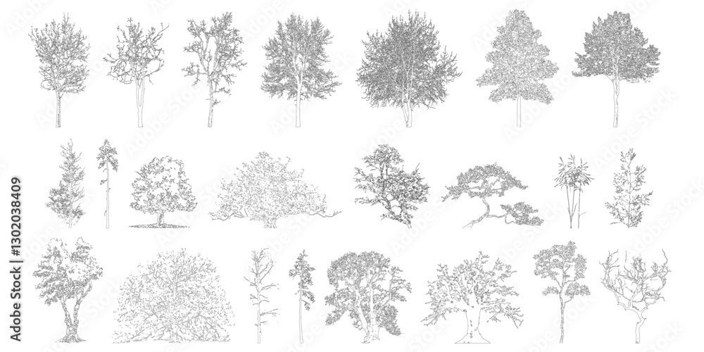 Minimal style cad tree line drawing, Side view, set of graphics trees elements outline symbol ...