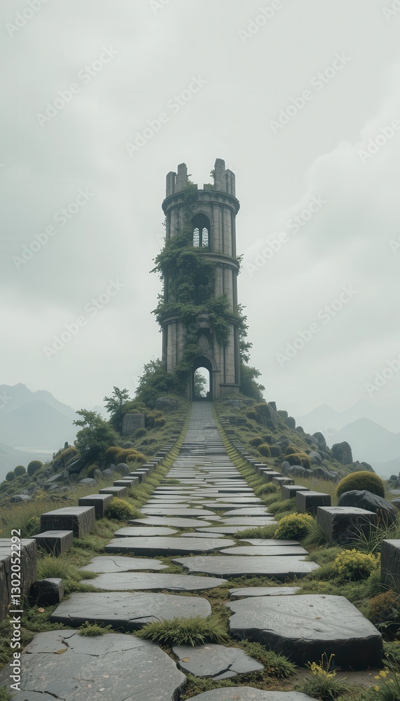 Stone pathway leading to an overgrown ancient stone tower on a misty hilltop A serene and ...