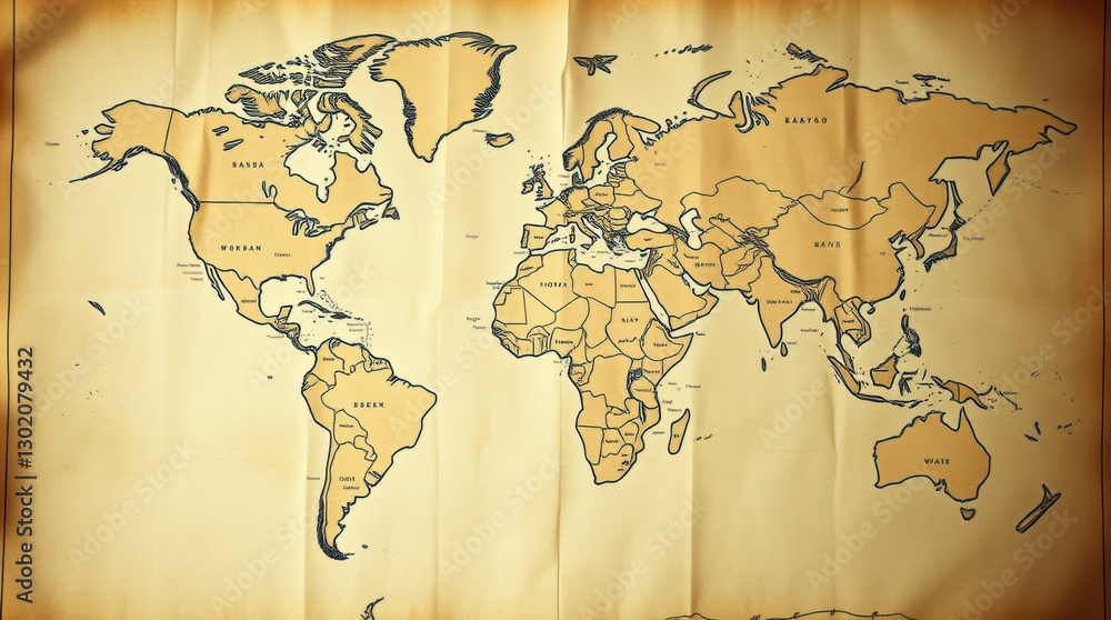 World map with countries delineated with dark outlines and pale amber ...