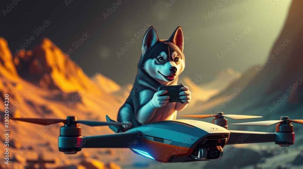 Husky Pilot: A dog joyfully commands a drone against a mountain ...