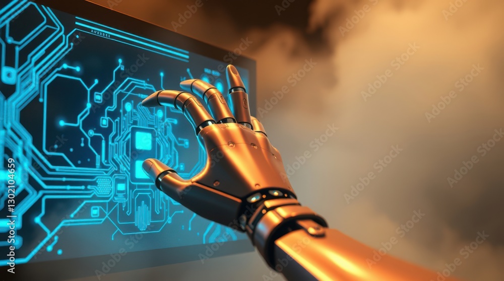 Robotic arm interacting with a computer screen displaying a complex circuit diagram. Artificial ...