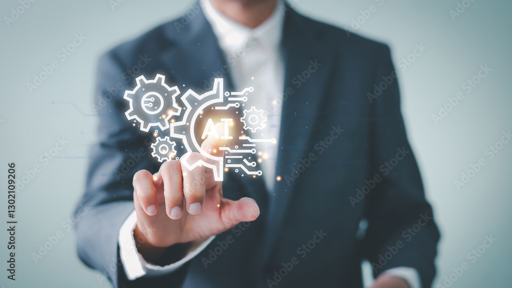 Businessman shows virtual reality and touch Ai icon, the starting point ...