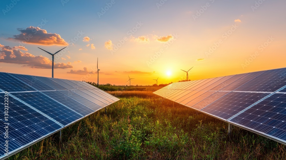 Renewable energy transition solar panels and wind turbines at sunset ...