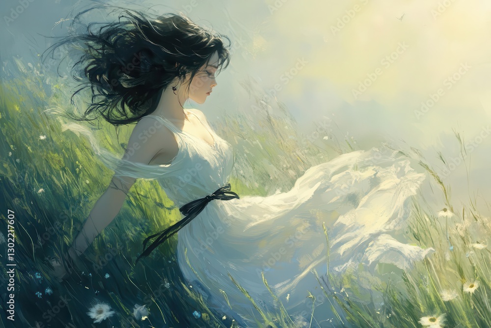 ethereal portrait of a woman in a flowing white sundress against a ...