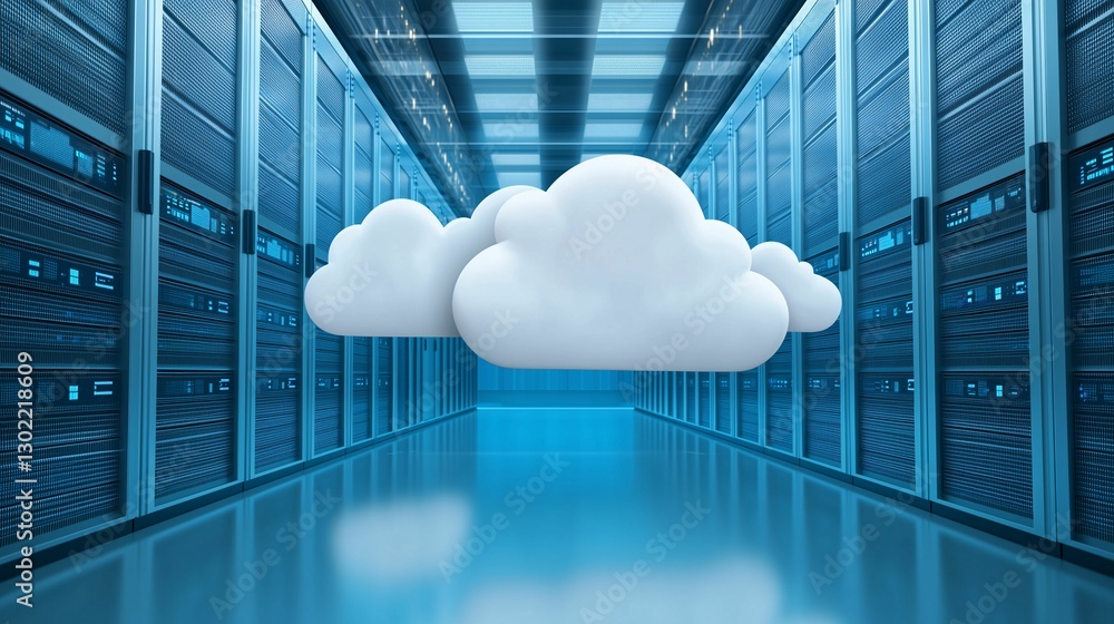 Cloud data storage concept and cloud computing concept over a data center with server racks and ...
