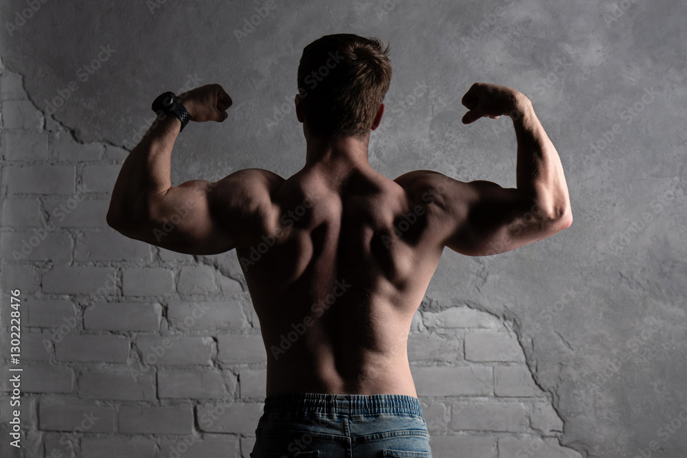 Shirtless man flexing biceps, defined muscles against textured wall ...