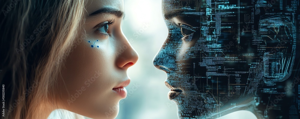 Profile view of two faces, real human face with a concerned expression ...