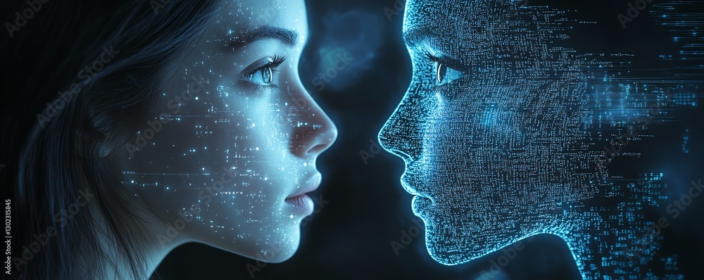 Profile view of two faces, real human face with a concerned expression ...