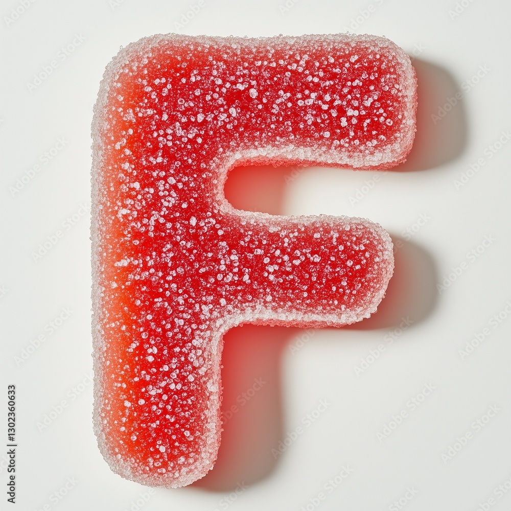 Red gummy candy F font shape covered by sprinkles sugar grain sweet ...