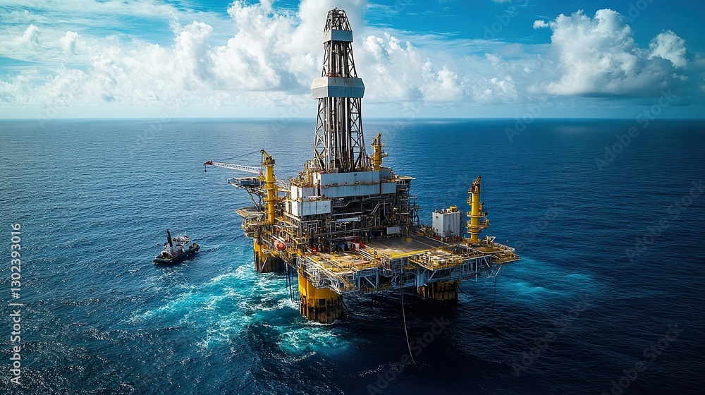 Deepwater drilling ship floating in open ocean, massive deck packed ...