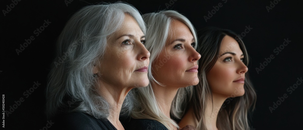 Three Caucasian women of different ages, representing aging process and ...