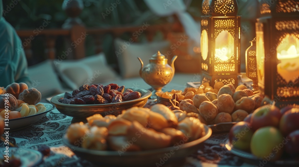 A peaceful Ramadan iftar gathering, with a table set with dates, fresh ...