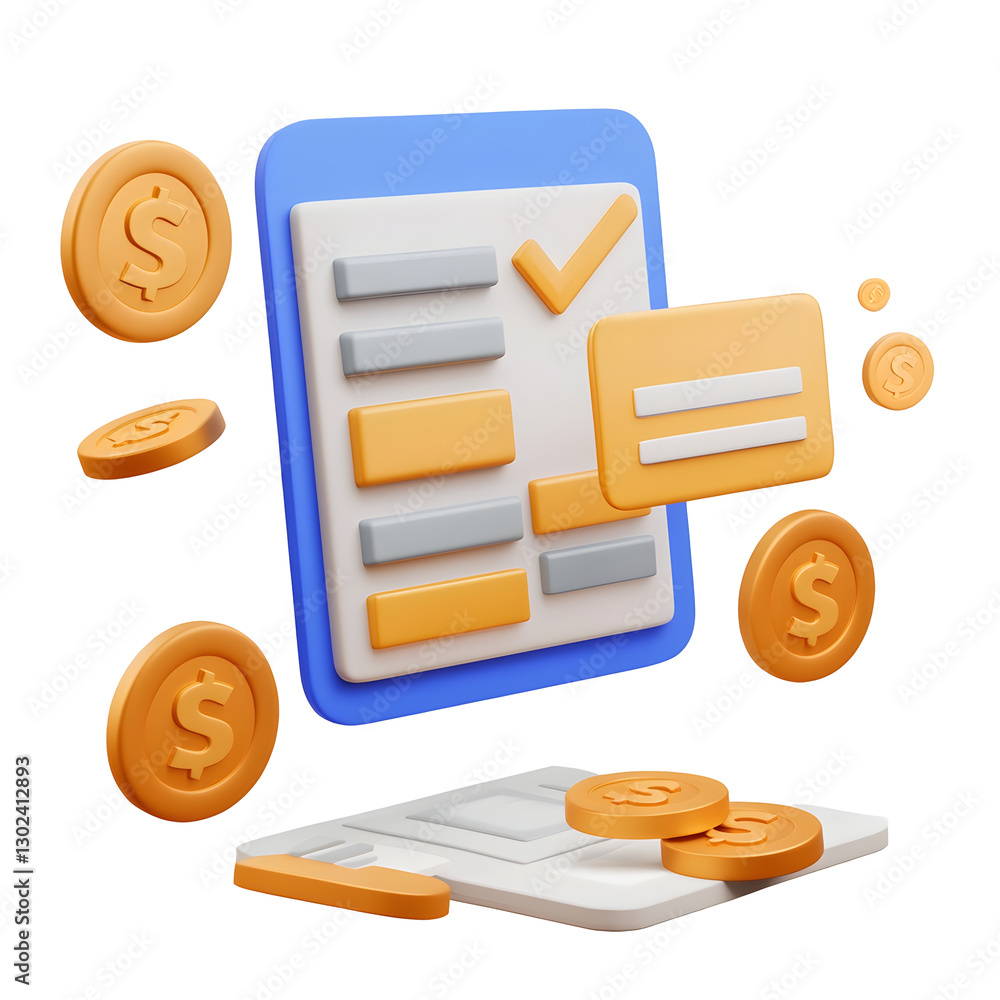 Stylish 3D Rendered Digital Invoice with Secure Financial Transaction ...