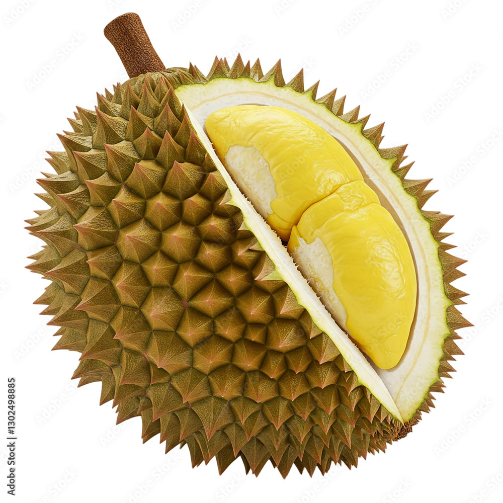 Durian Fruit with Cut Slice, Isolated on White Background, Revealing ...