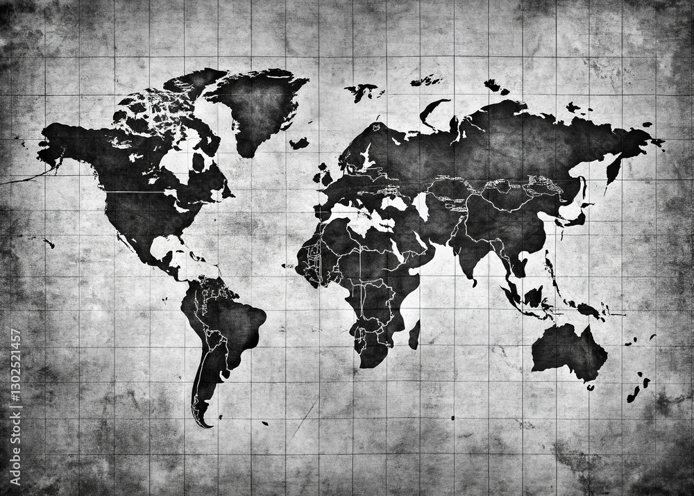 Detailed Black and White World Map, Rule of Thirds Composition, Vintage ...