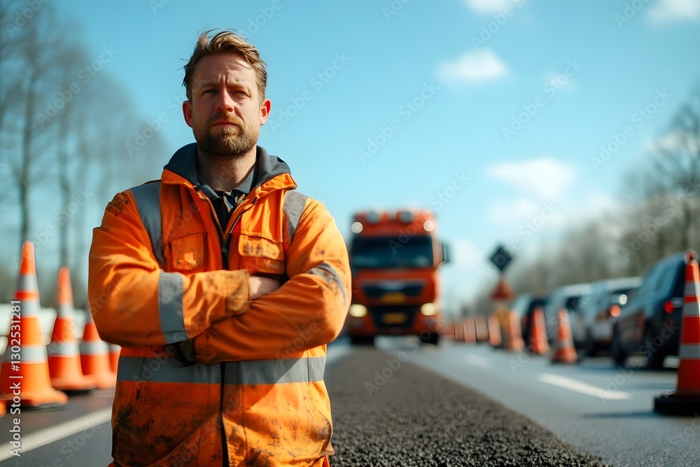 Road Worker in Orange Vest Applying Asphalt on Dutch Highway with ...