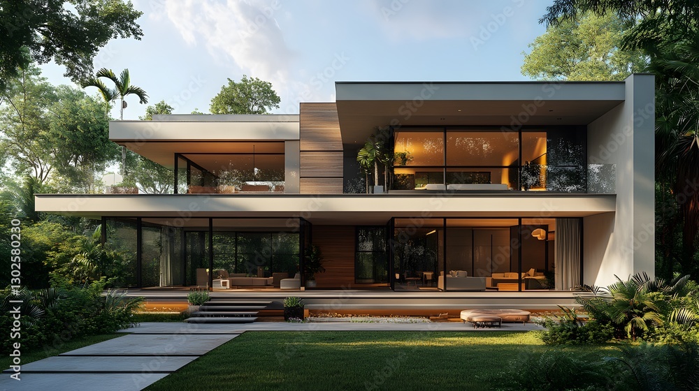 3D elegant modern house exterior with clean architectural lines and a ...