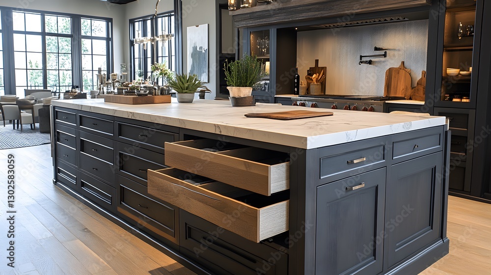 3D contemporary kitchen island with pull-out storage drawers, modern ...