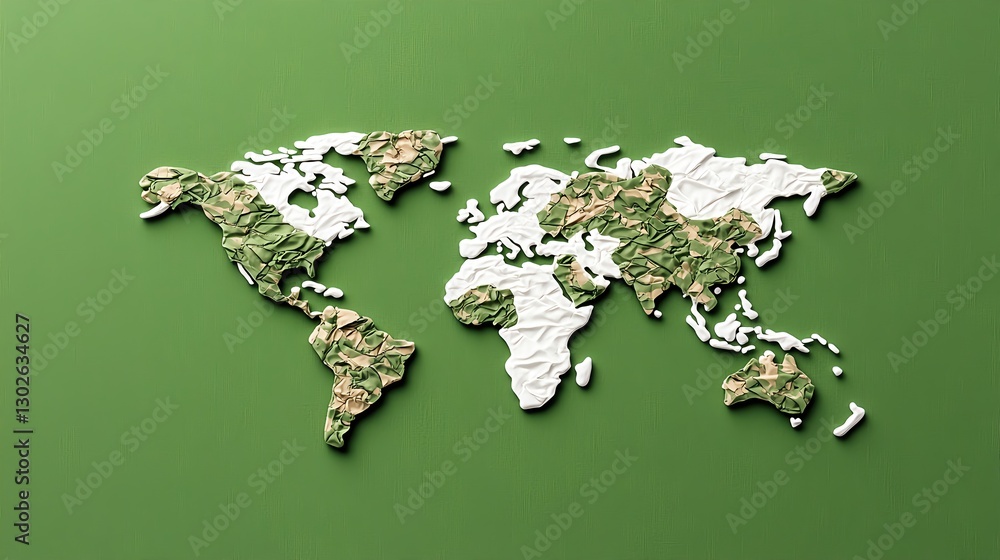 Detailed world map in paper texture with green background design Stock ...