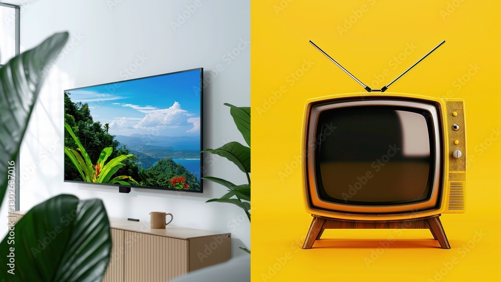 A modern flat-screen TV contrasts with a vintage television set ...