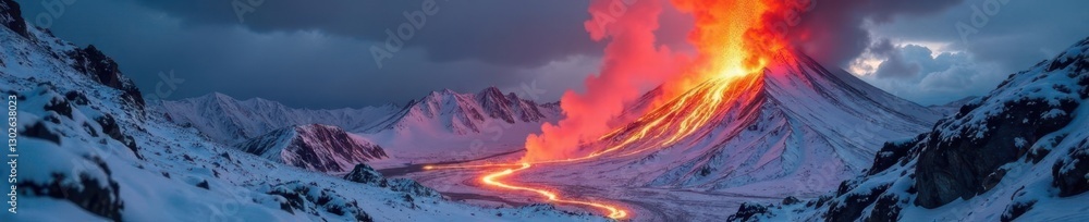 Lava and ash from volcanic eruption spread across snowy terrain, fiery ...