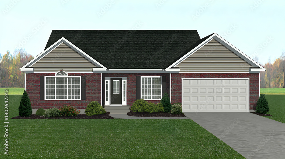 One Story Brick Ranch House with Grey Garage and Landscaping Stock ...