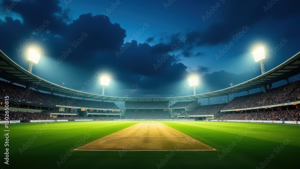 Floodlit cricket stadium, Grand floodlit cricket stadium at night ...