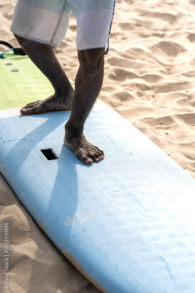 An example position of Asian professional feet on a surfboard in ...