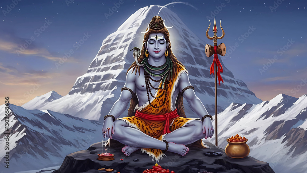 A majestic image of Lord Shiva sitting in deep meditation on Mount Kailash, with the Ganges ...