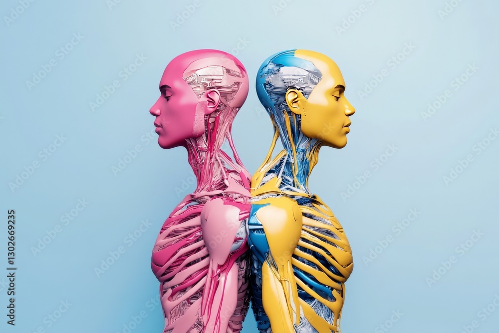 Digital rendering of two anatomically detailed human figures with ...