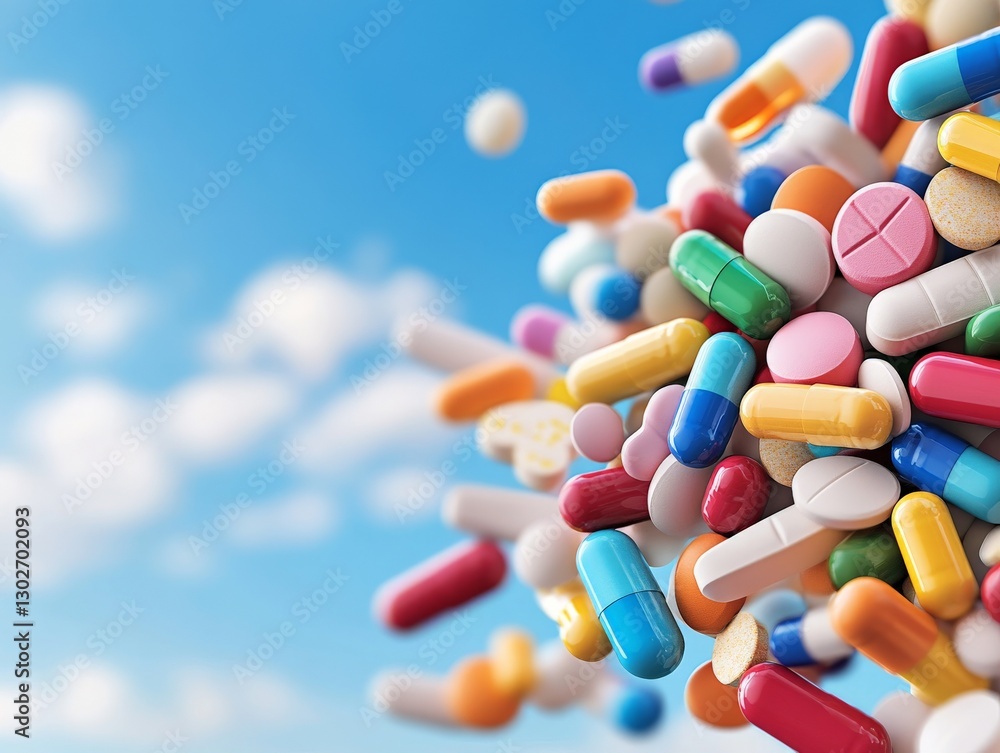 Foto de Stock Dynamic explosion of colorful pharmaceutical pills ...