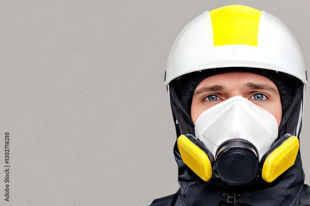 Firefighter wearing black protective uniform and gas mask standing in ...