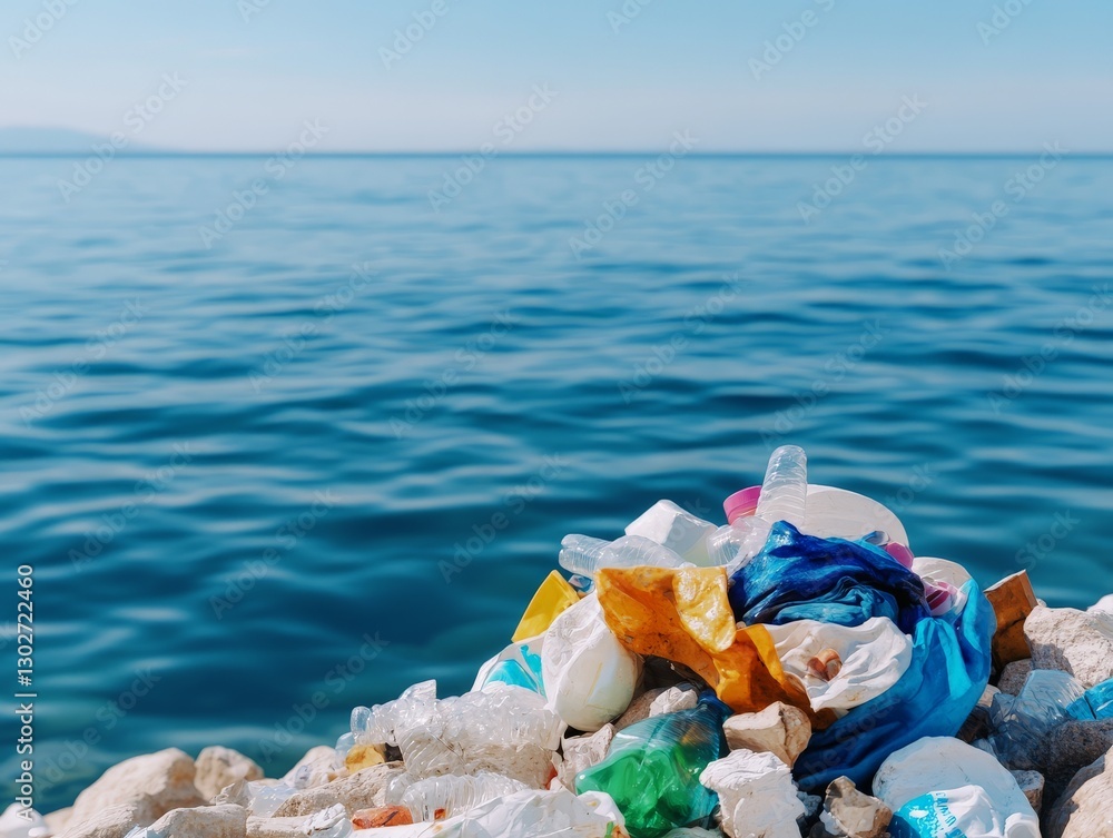 Ocean surface with floating plastic waste representing marine pollution ...