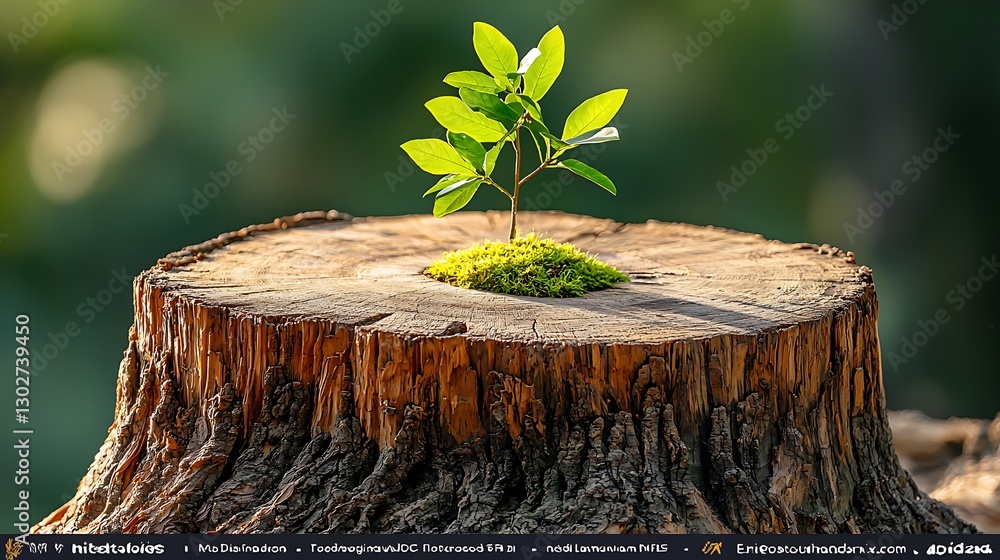 Sapling growing from tree stump, forest background, new life ...