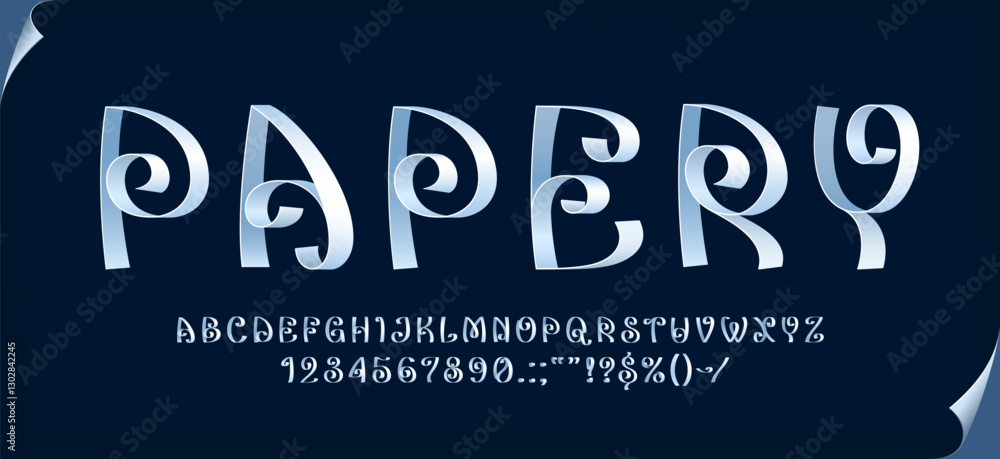 Ribbon paper font, origami type, 3d white typeface, modern english ...