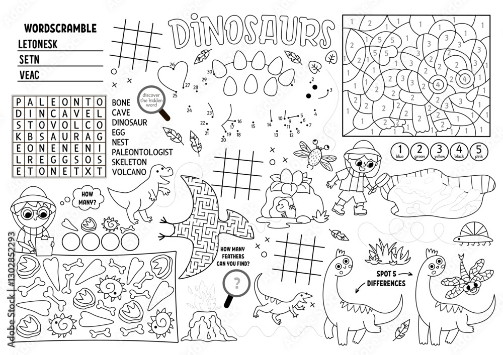 Vector dinosaur placemat for kids. Prehistoric printable activity mat ...