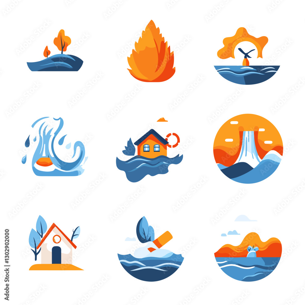 Natural Disaster Pictograms Showing Fire, Flood, Wind Damage and More ...