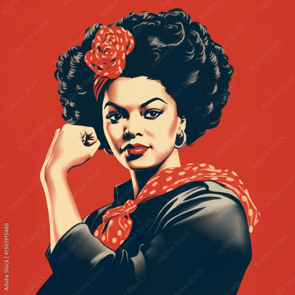 African American woman in a vintage Rosie the Riveter pose, symbolizing ...