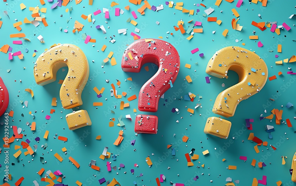 Bright, colorful question marks in light teal space, filled with ...