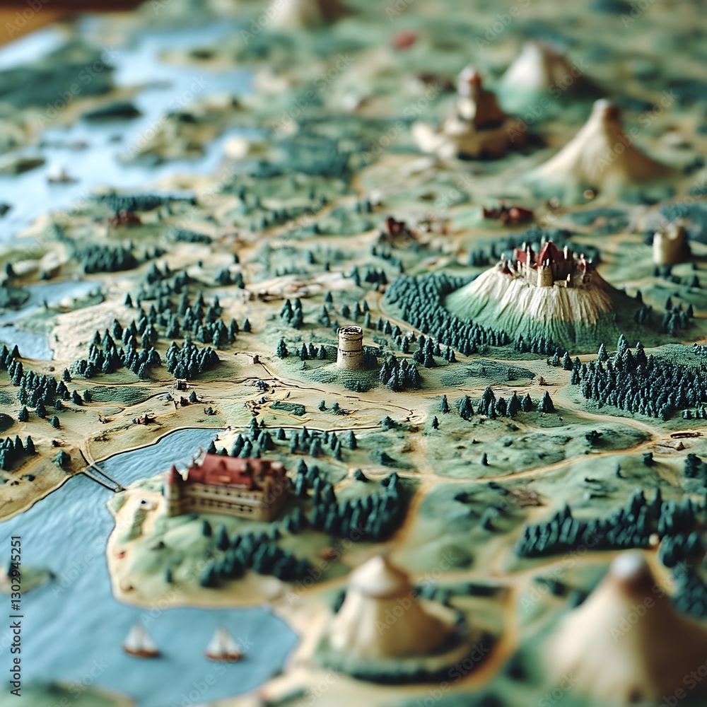 Detailed medieval map, terrain, castles, and waterways Stock Photo ...
