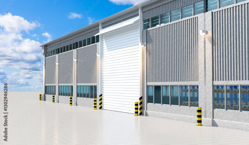 Exterior of warehouse building. Facade of industrial hangar. Factory ...