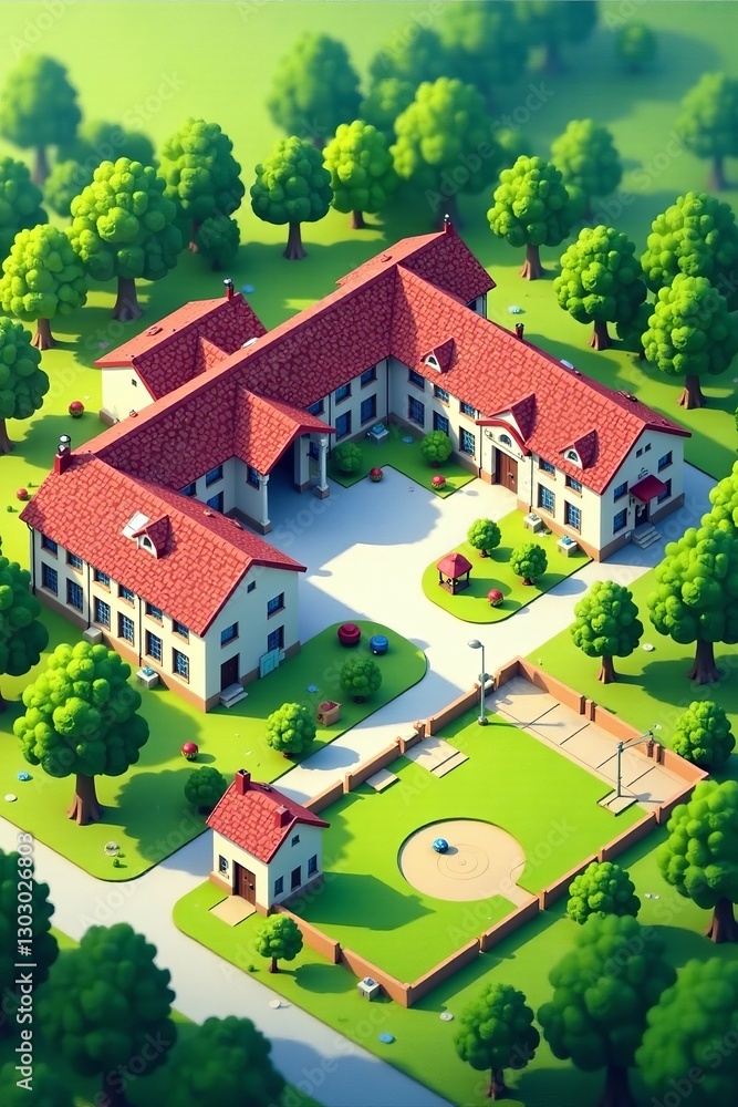 School Campus Map Illustration In Isometric View With Playground And