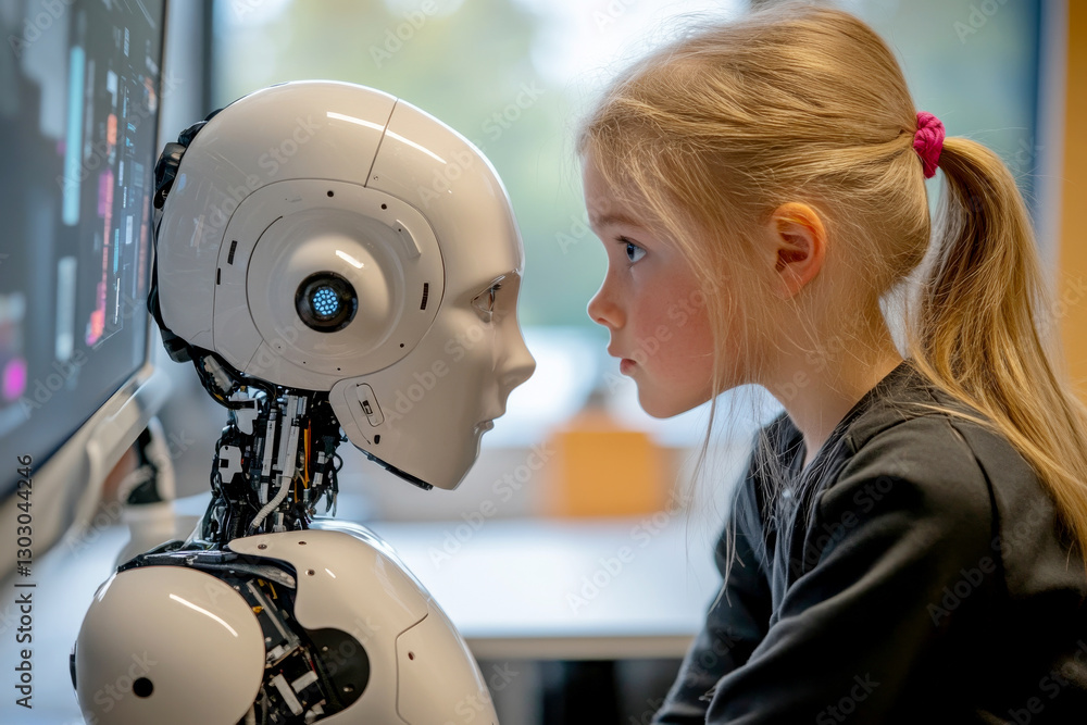 girl interacts with humanoid robot, showcasing curiosity Stock Photo ...