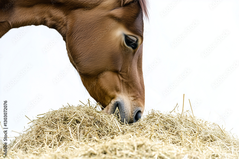 Selective focus horse eating hay isolated on white background, Straw ...